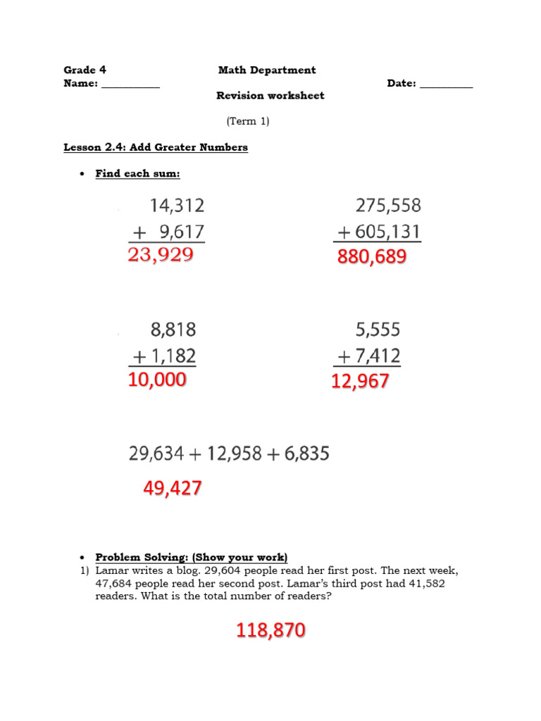 Grade 4 Math Revision Worksheet | PDF