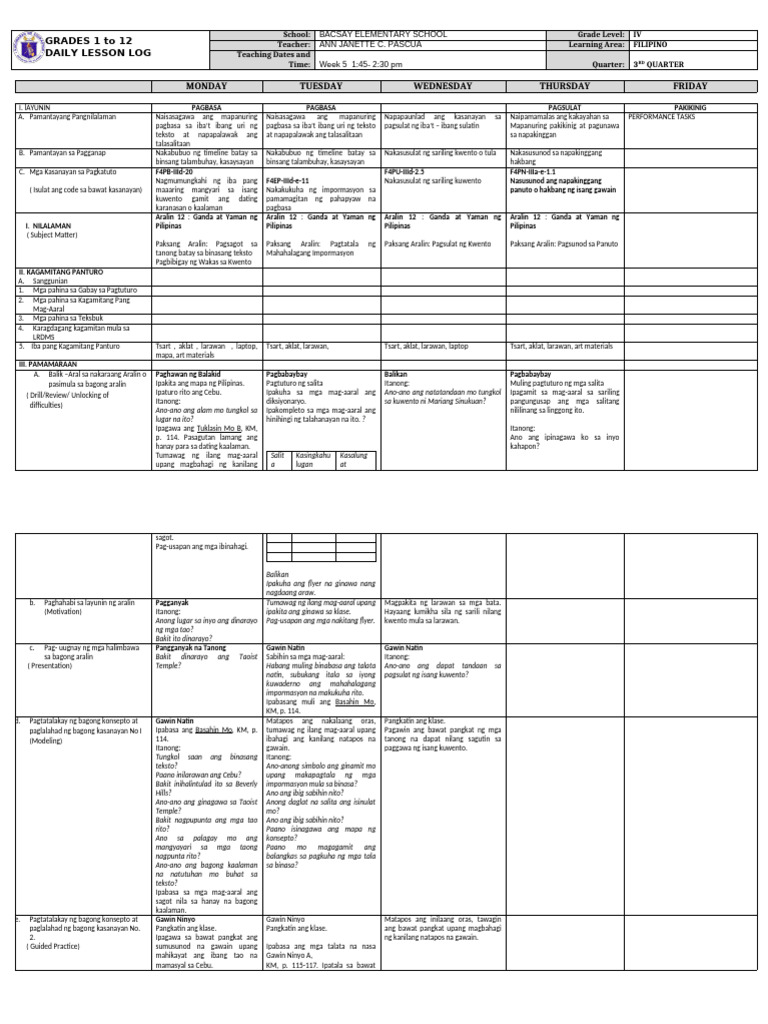 DLL - Filipino 4 - Q3 - W5 | PDF