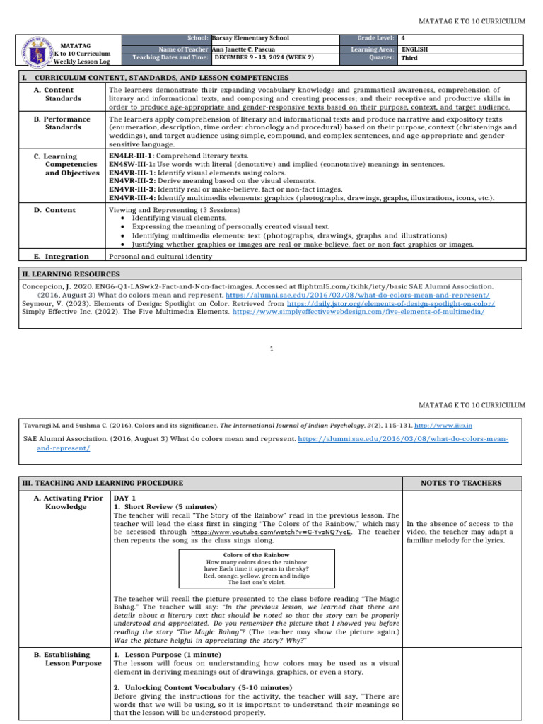 DLL Matatag - English 4 Q3 W2 | PDF | Cognition | Learning