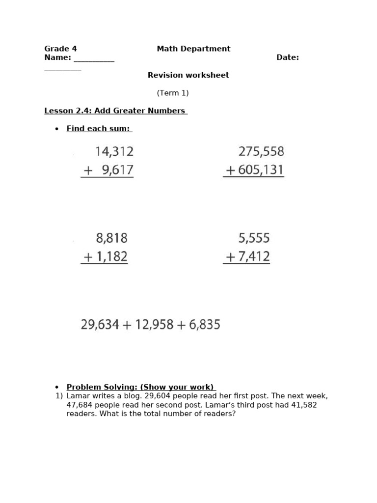 Gr4 Practice Sheet Term1 (2024-2025) | PDF