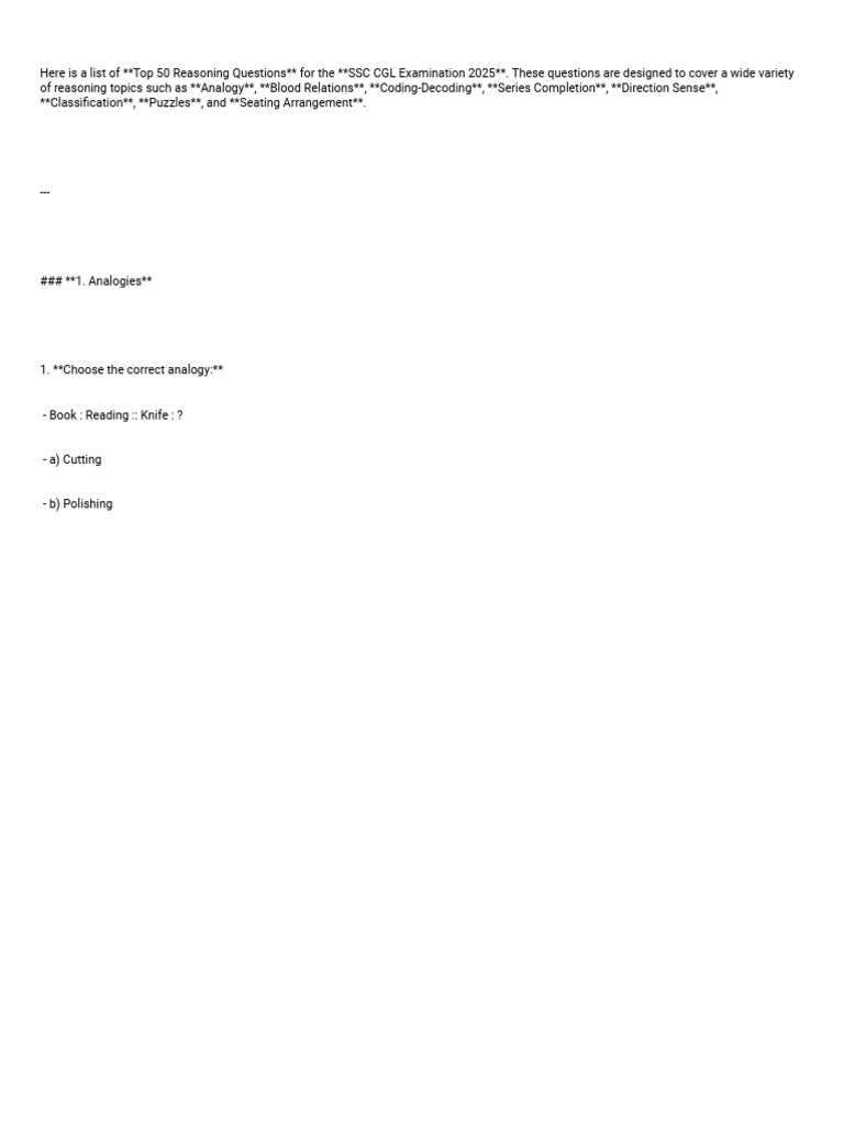 Top 50 Reasoning Questions Cgl | PDF