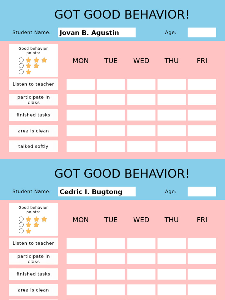 Pink and Blue Behavior Chart | PDF