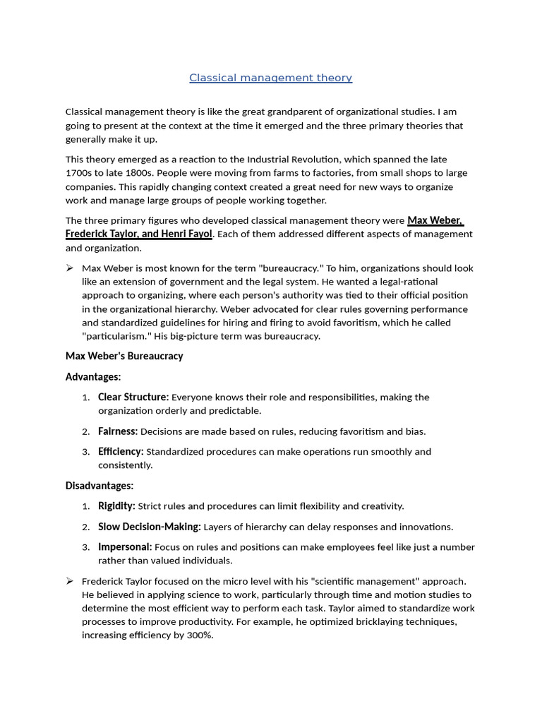 Classical Management Theory | PDF | Bureaucracy | Economies