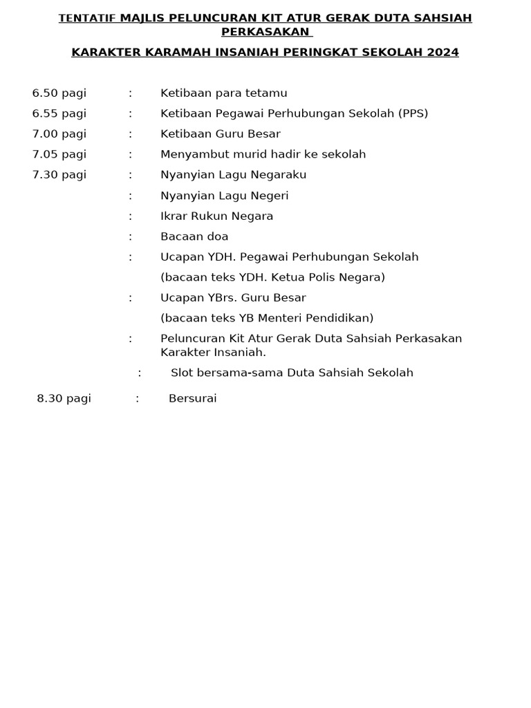 Tentatif Majlis Peluncuran Kit Atur Gerak Duta Sahsiah Perkasakan | PDF