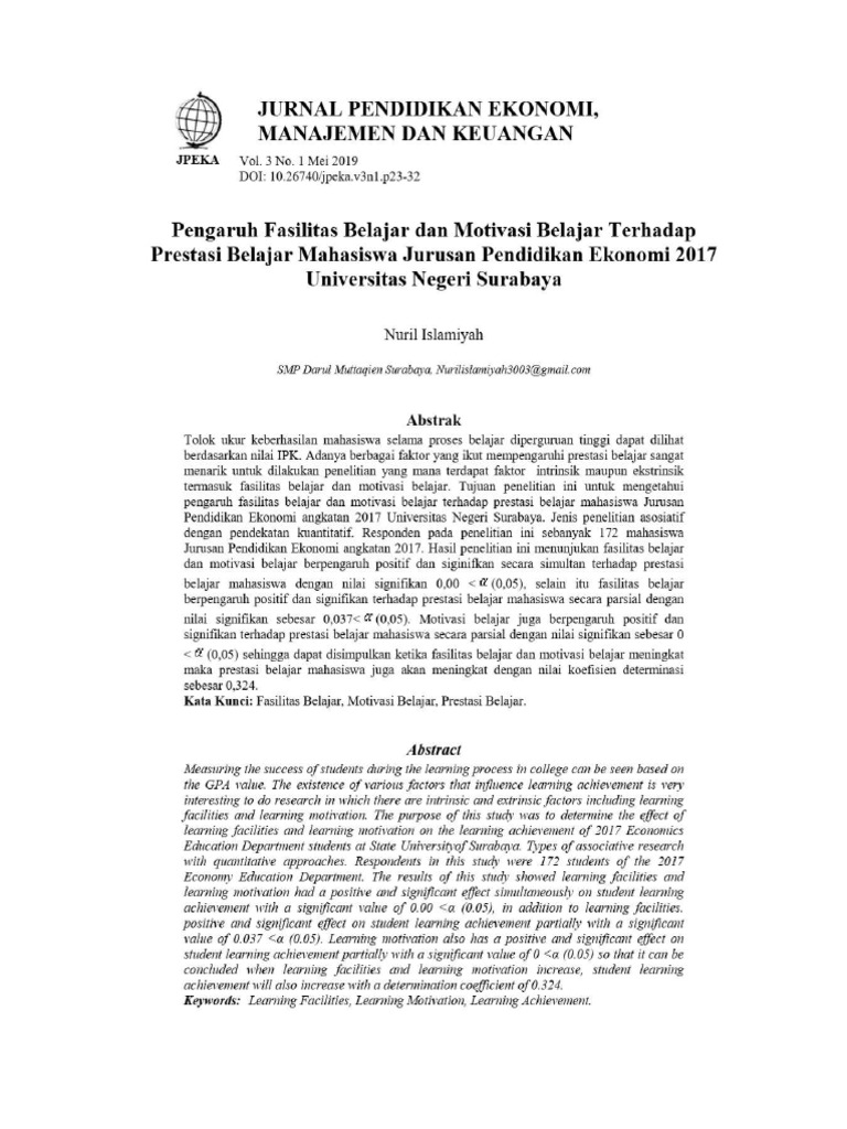 Pengaruh Fasilitas Belajar Dan Motivasi Belajar Terhadap Prestasi Belajar Mahasiswa | PDF