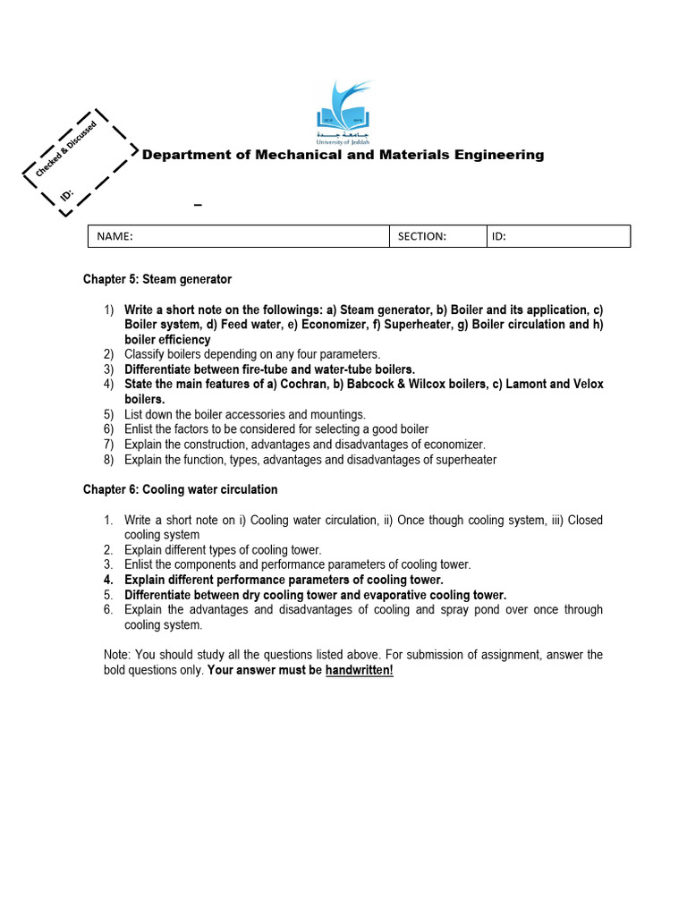 Assignment 5 - Steam Generator and Cooling Tower | PDF
