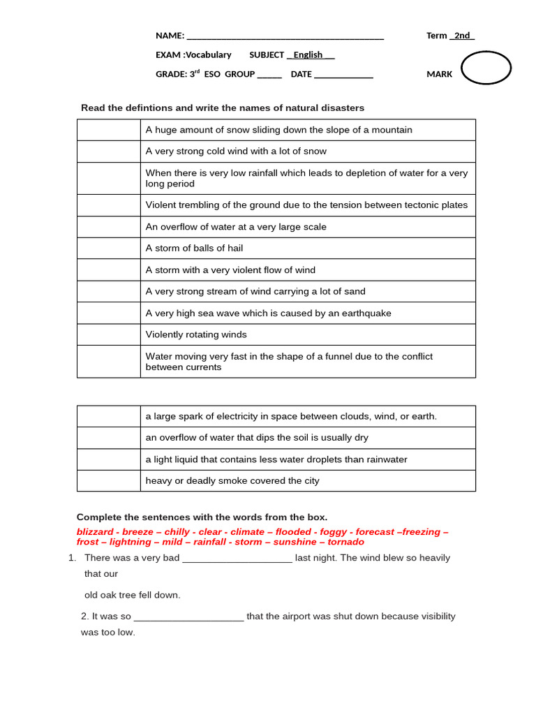 Vocabulary 3rd ESO Natural disasters | PDF | Rain | Wound