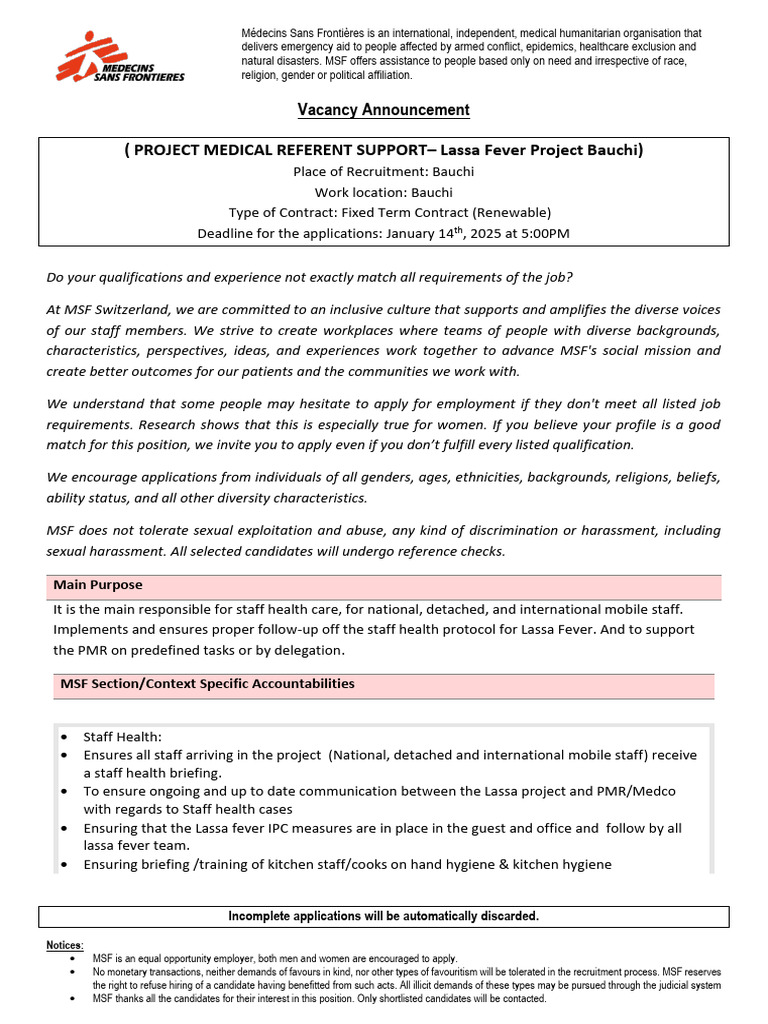 Vacancy Announcement Project Medical Referent Support - Lassa Fever ...