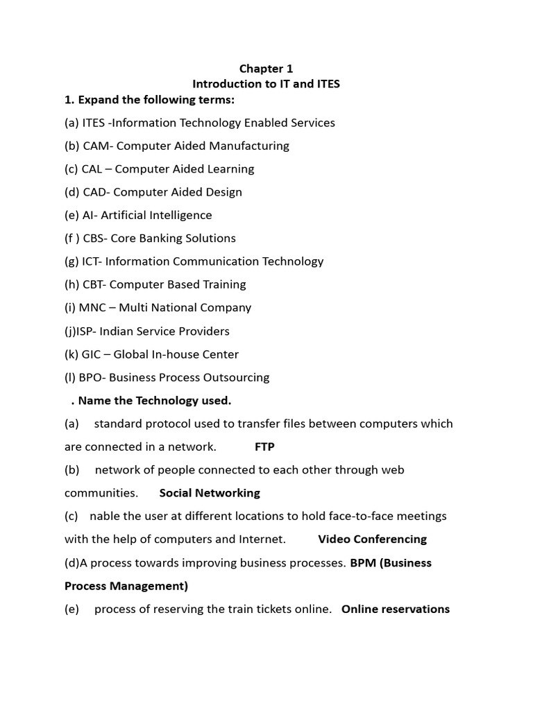 Chapter 1 IT and ITES Part B One Mark Questions | PDF | File Transfer ...