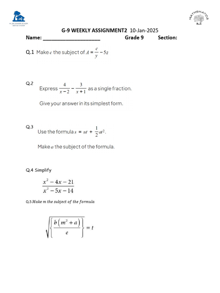 Grade 9 T2 Weekly Assignment - 1 | PDF