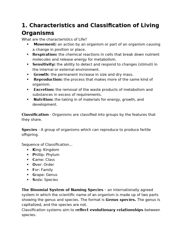 Chapter 1 Characteristics And Classification Of Living Organisms
