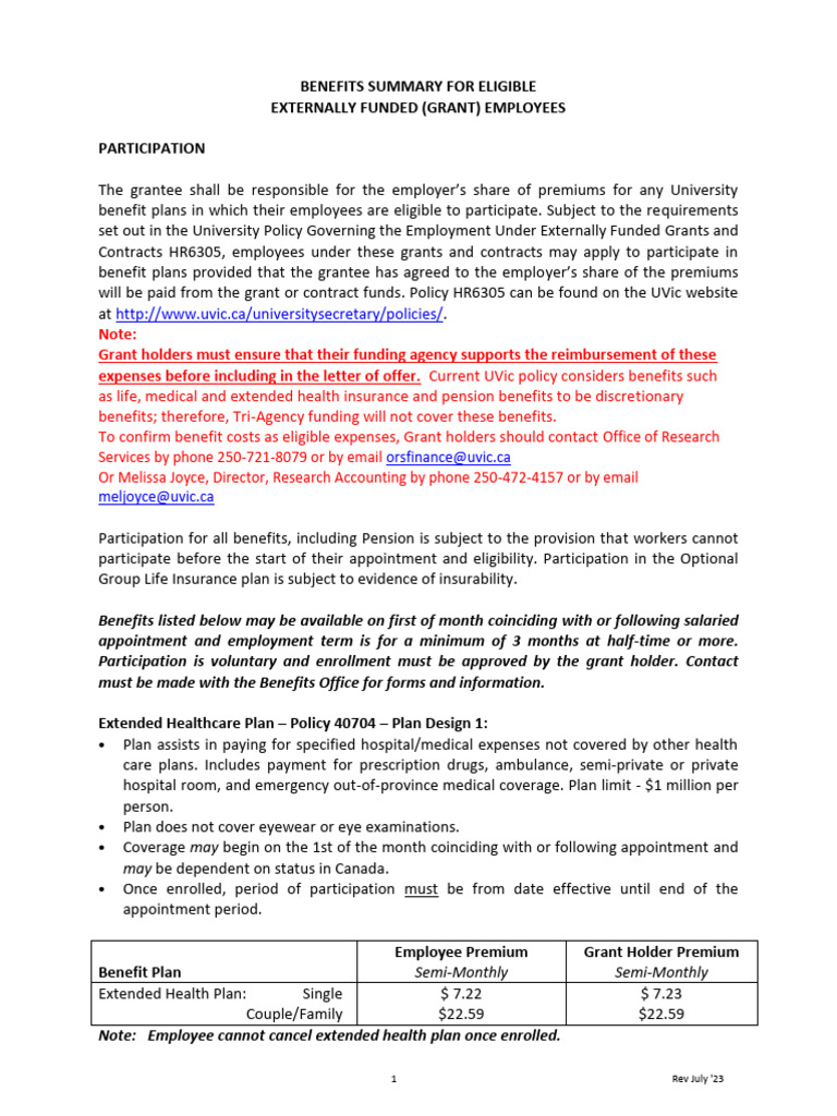 UVic Grant Employee Health Benefits | PDF | Life Insurance | Pension