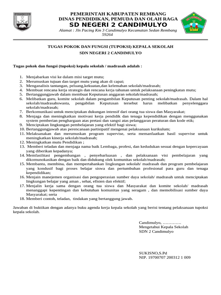 Tupoksi Kepala Sekolah SDN 2 Candimulyo | PDF