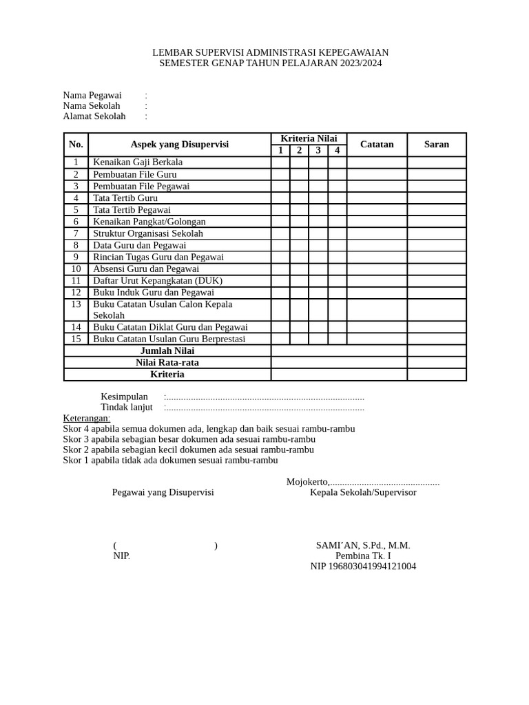 Lembar Supervisi Administrasi Kepegawaian | PDF