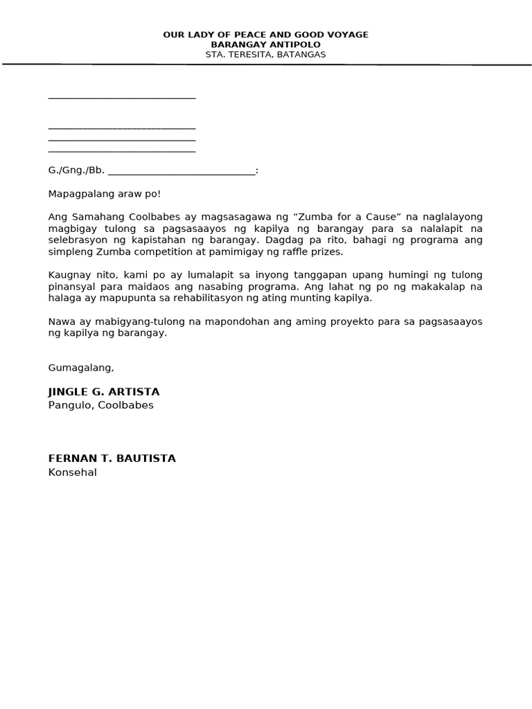 Solicitation Letter - Barangay Fiesta | PDF