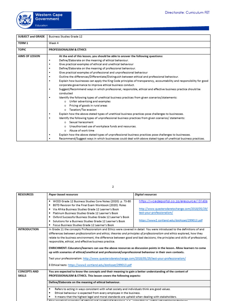 Business Studies Grade 12 Term 1 Week 4 2021 | PDF | Business Ethics ...