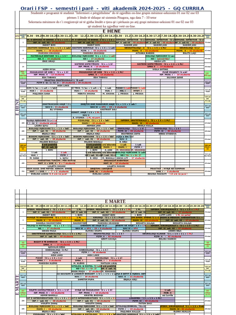 Orari FSP GQ Currila 2024 2025 Semestri Pare New | PDF