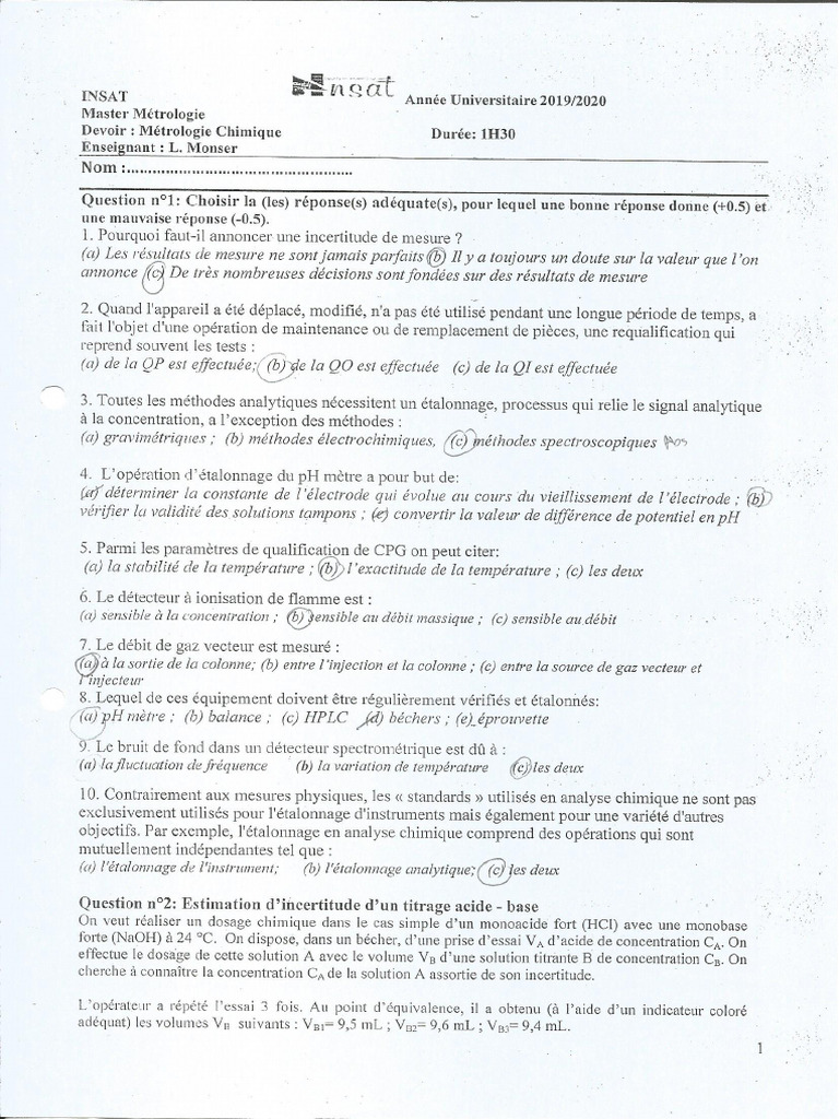DS & Examen Métrologie Chimique | PDF