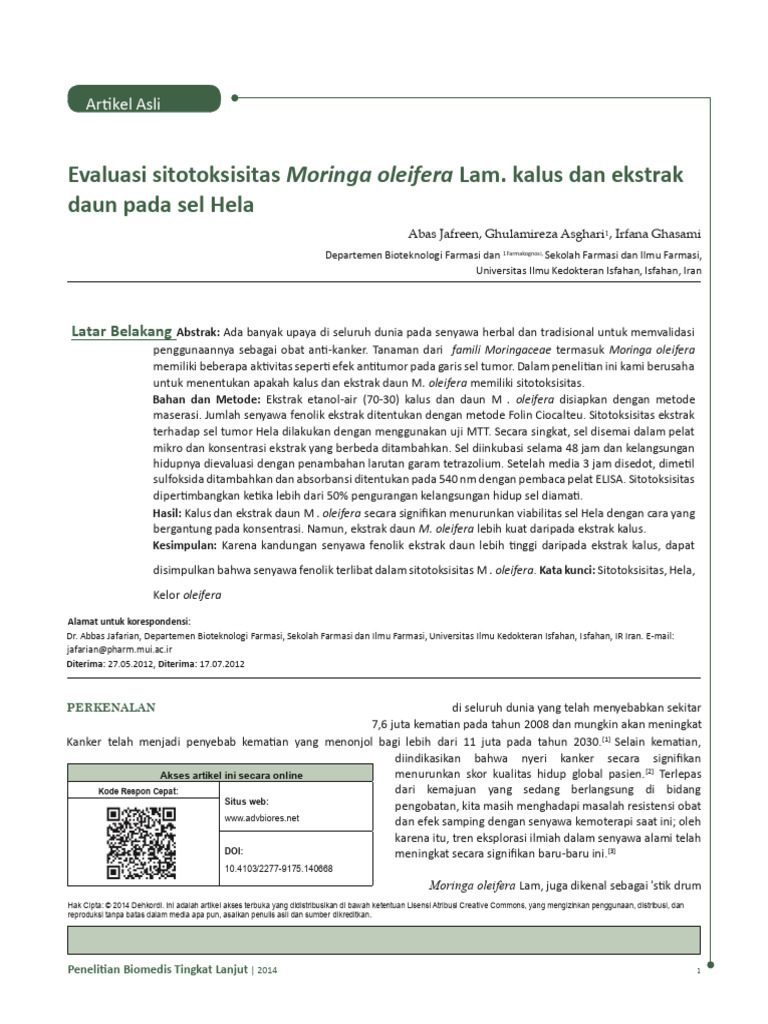 1. Evaluasi sitotoksisitas Moringa oleifera Lam. kalus dan ekstrak daun ...