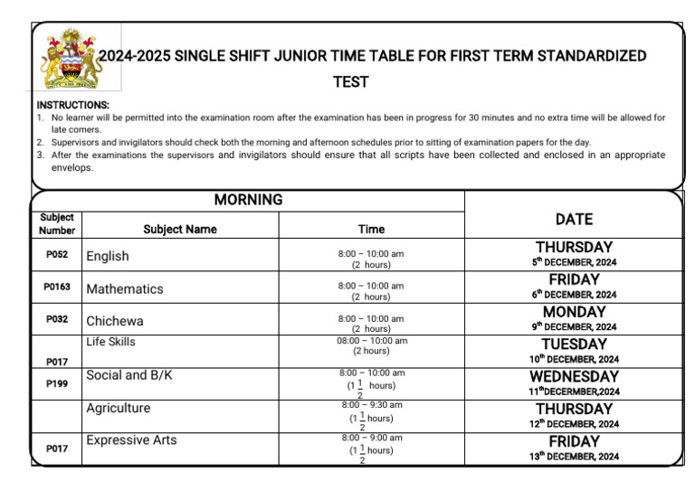 2024 - 2025 Junior Timetable For First Term Standardised Test | PDF