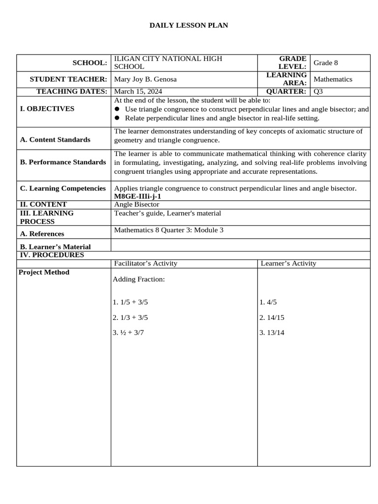 Daily Lesson Plan Angle Bisector | PDF | Triangle | Perpendicular