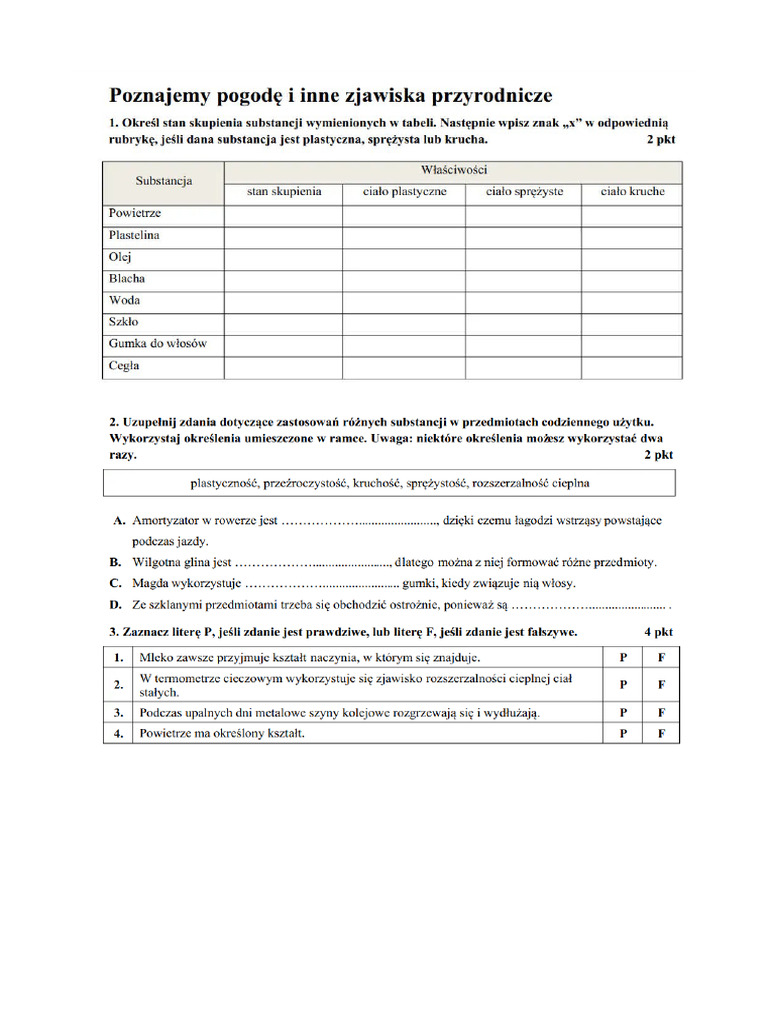 Przyroda Klasa 4 Dział 2 Sprawdzian 1 | PDF