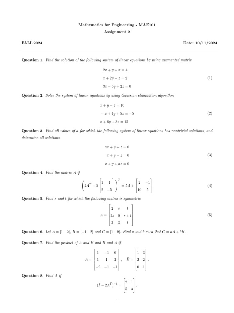 MAE101_Assignment2 | PDF | Determinant | Matrix (Mathematics)