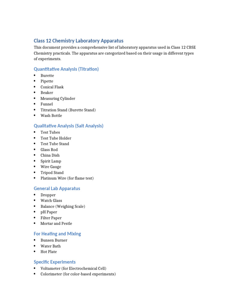 Class 12 Chemistry Lab Apparatus | PDF