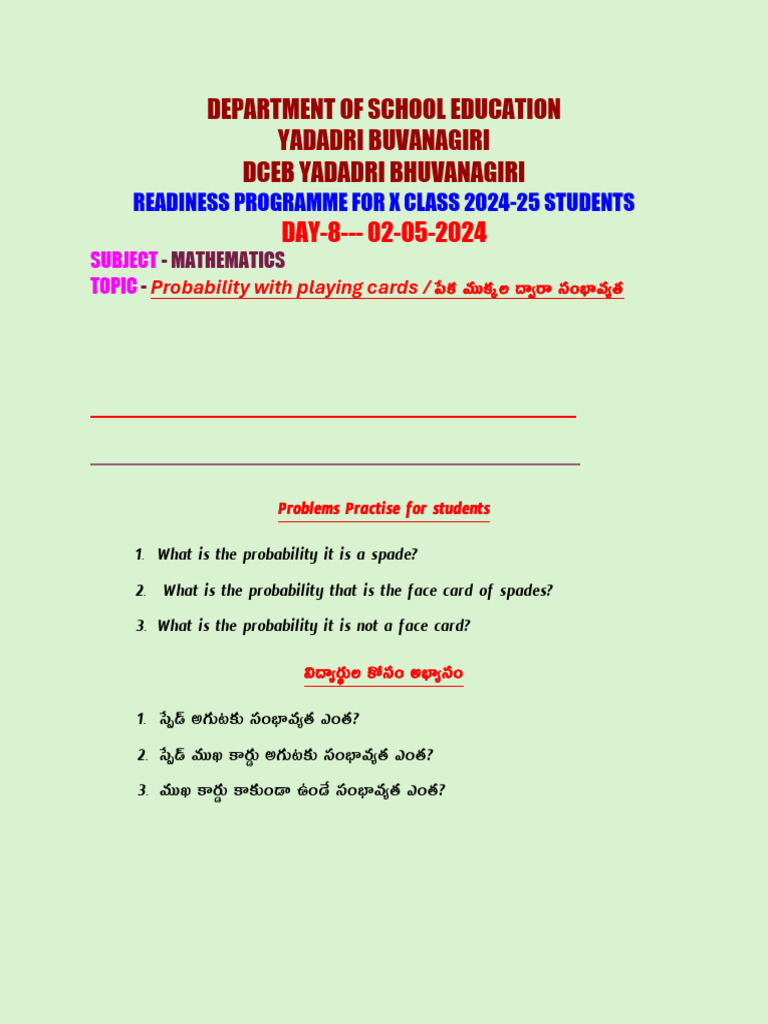 Probability With Playing Cards MATHS DAY 8 | PDF