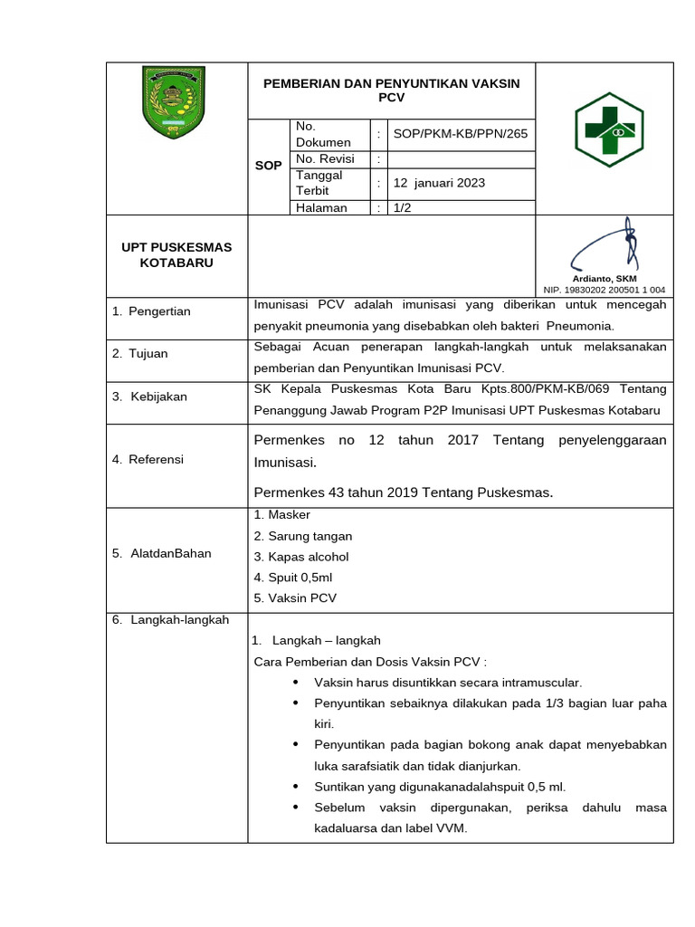 6. SOP PENYUNTIKAN IMUNISASI PCV 2023 s | PDF