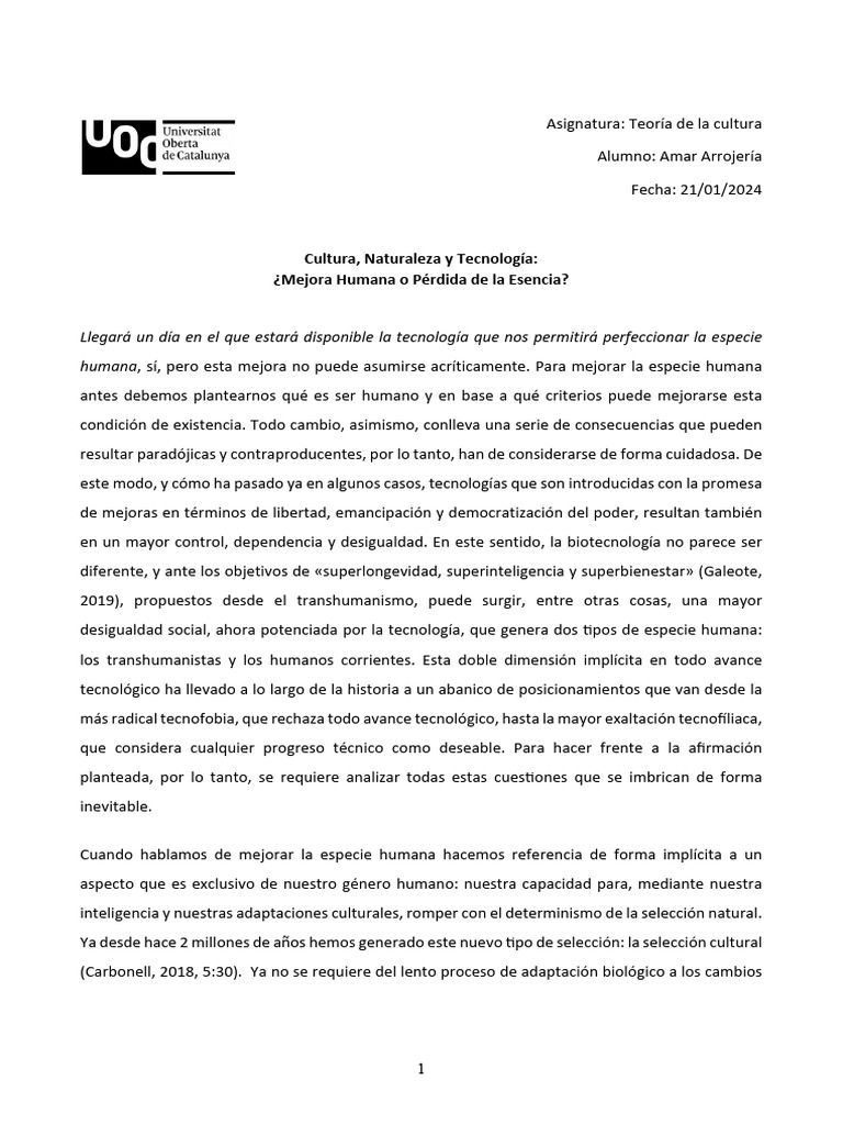 Cultura, Naturaleza y Tecnología: ¿Mejora Humana o Pérdida de la Esencia? | PDF | Transhumanismo ...