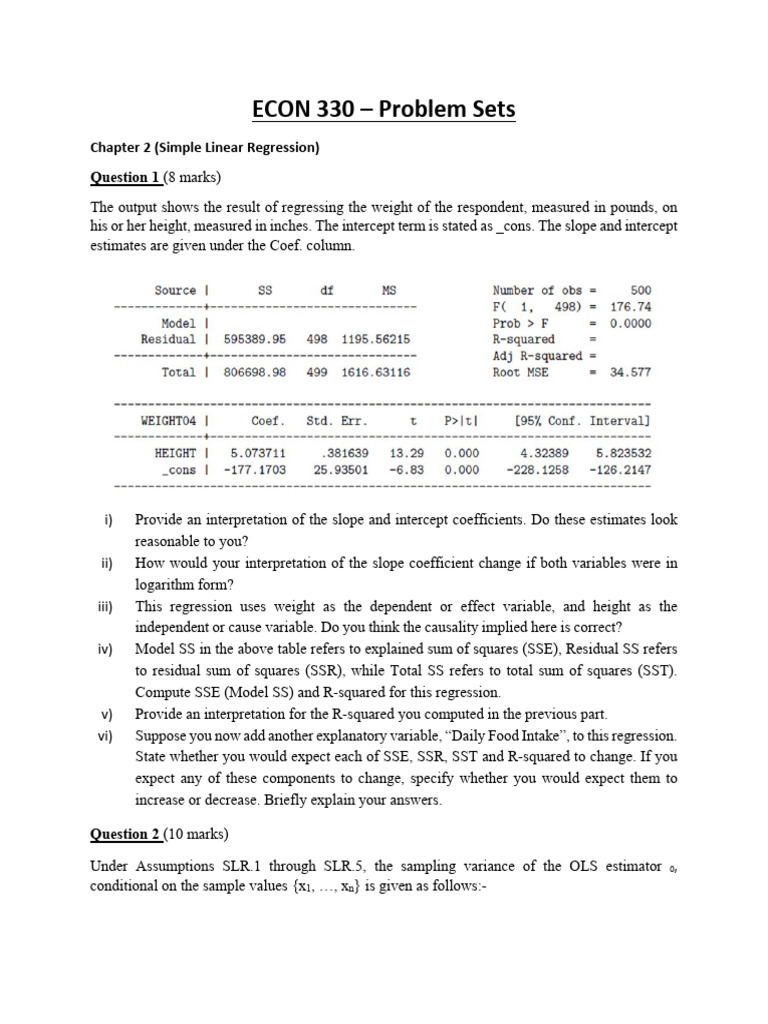 ECON 330 Problem Sets | PDF | Coefficient Of Determination | Regression Analysis
