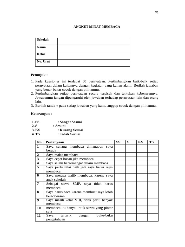 10 - Lampiran 2 Instrumen MINAT MEMBACA | PDF