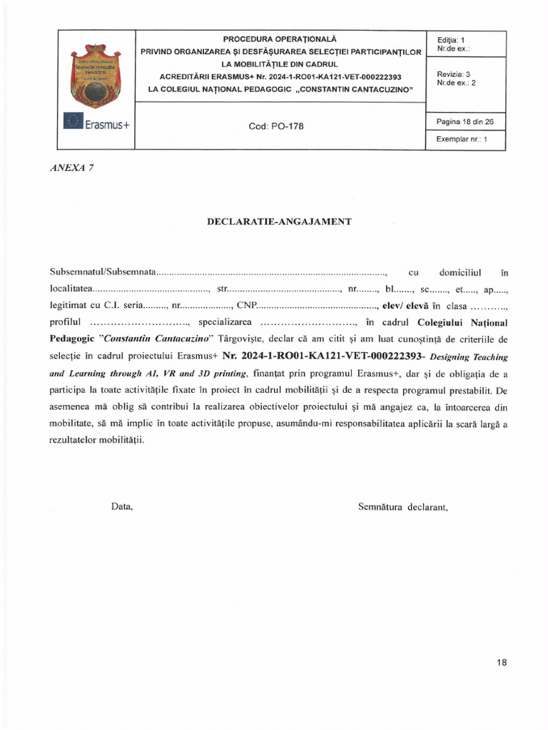 Anexa 7 - Declaratie - Angajament - ELEVI VET | PDF
