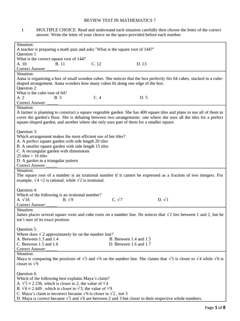TEST-IN-MATH-7-edited | PDF | Volume | Area