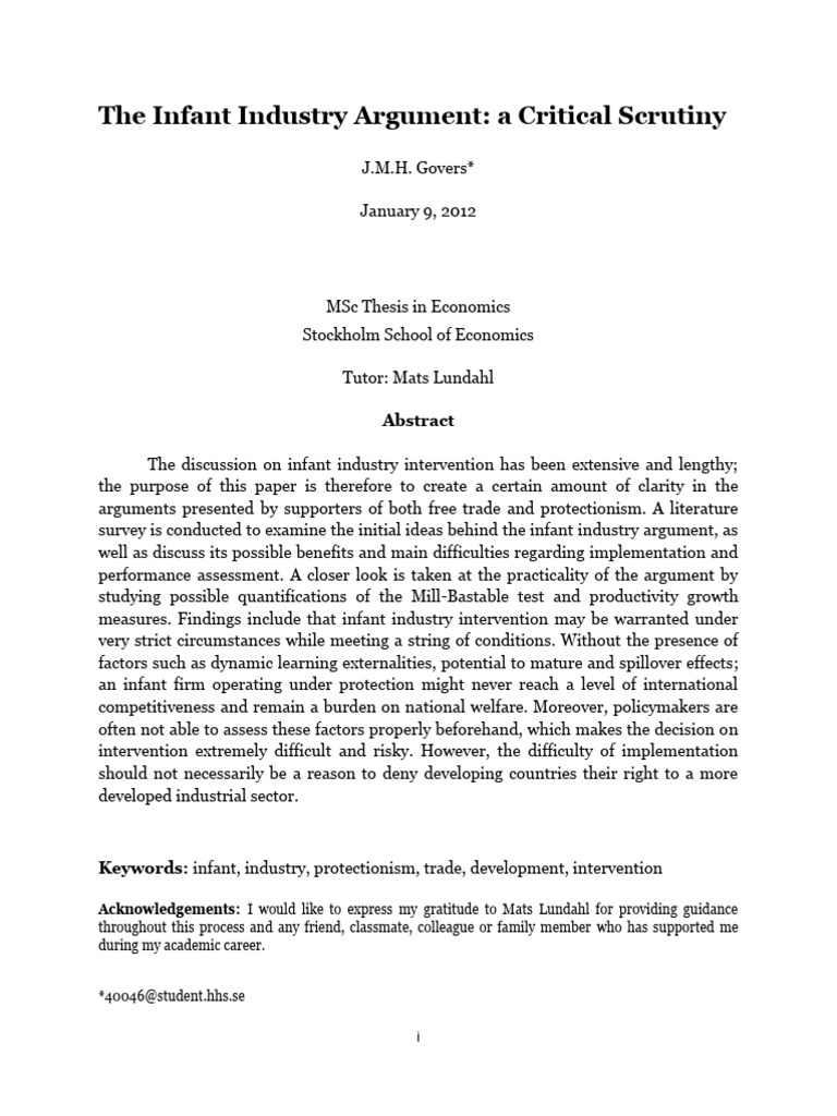 The Infant Industry Argument, A Critical Scrutiny (Govers) | PDF ...