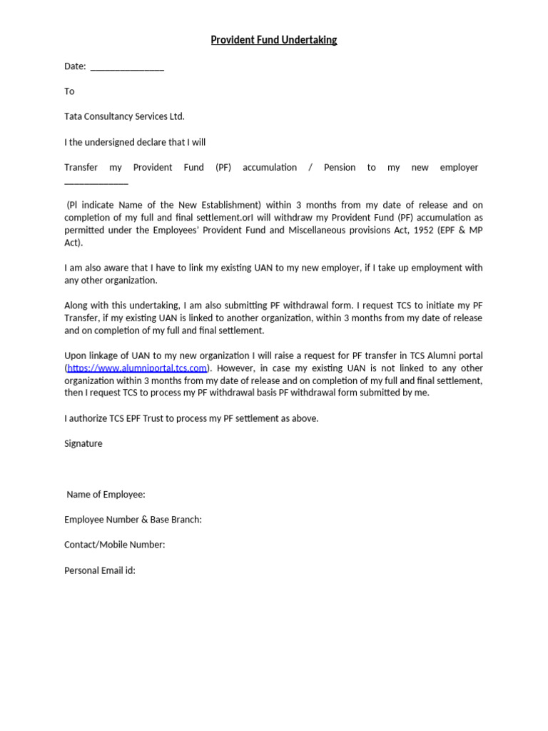 PF Undertaking Form for TCS Employees | PDF
