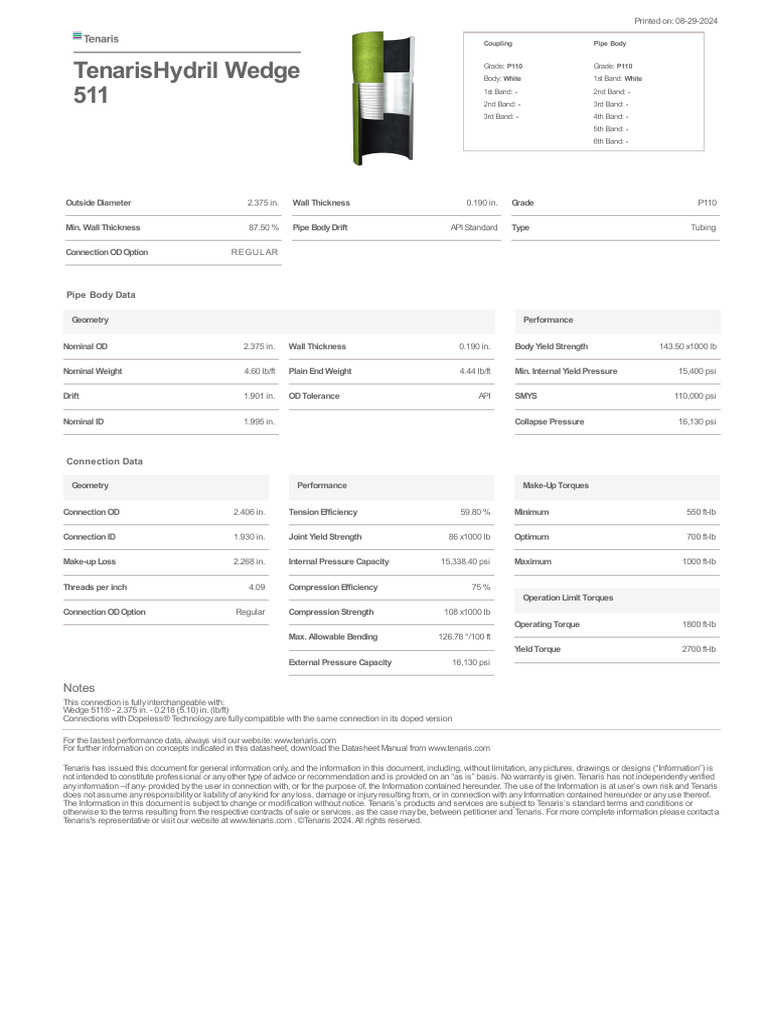 Tenarishydril Wedge 511: Pipe Body Data | PDF | Pipe (Fluid Conveyance ...