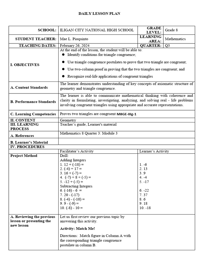 DAILY LESSON PLAN - Definition Oof Terms | PDF | Elementary Mathematics ...