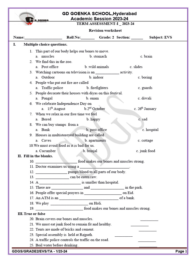 GRADE 2 TA-1 EVS Revision Worksheet | PDF