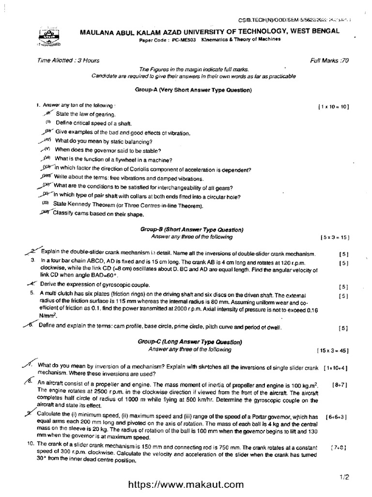 Btech Pc Me 5 Sem Kinematics and Theory of Machines Pc Me503 2023 | PDF