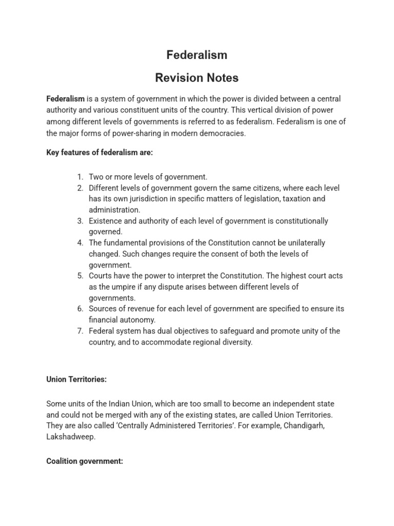 Federalism Revision Notes | PDF | Federation | Governance