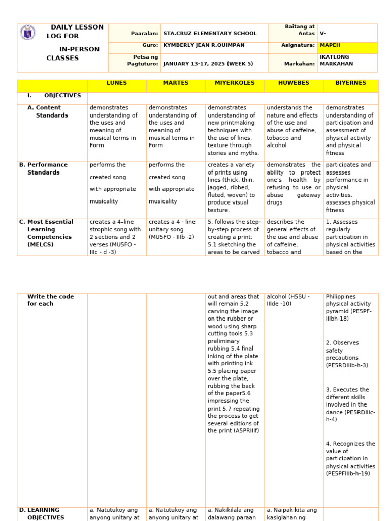G5 Q3W5 DLL MAPEH (MELCs) | PDF