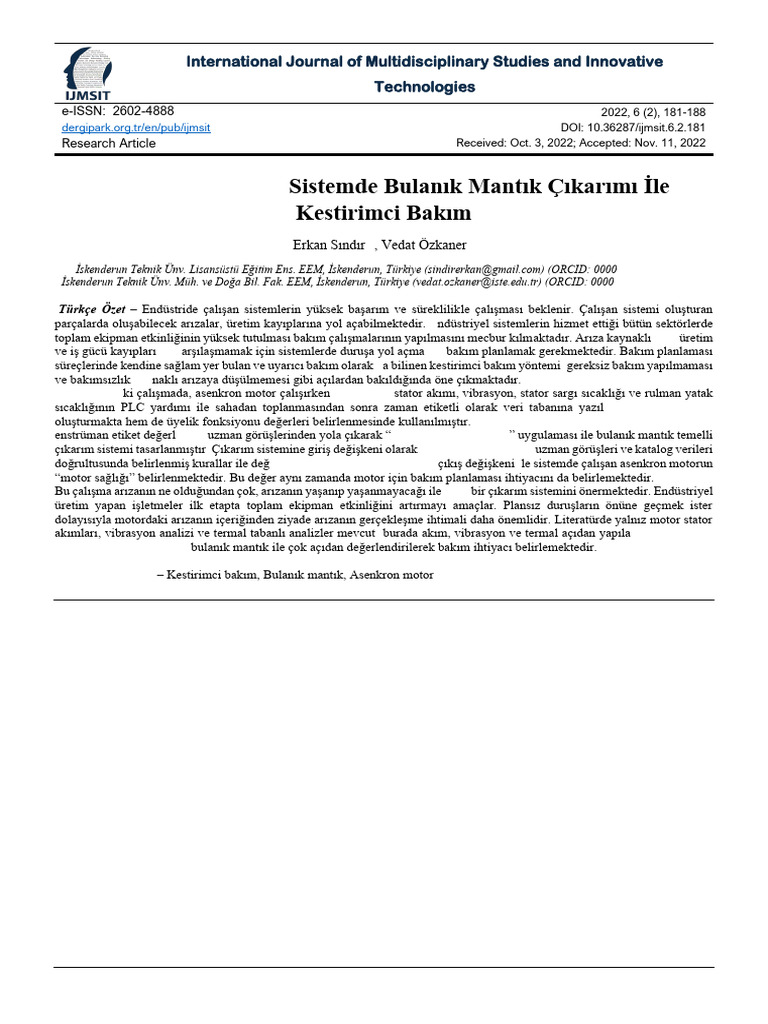 Asenkron Motorlu Sistemde Bulan K Mant K Kar M Le Kestirimci Bak M (#1196092) - 2737083 | PDF