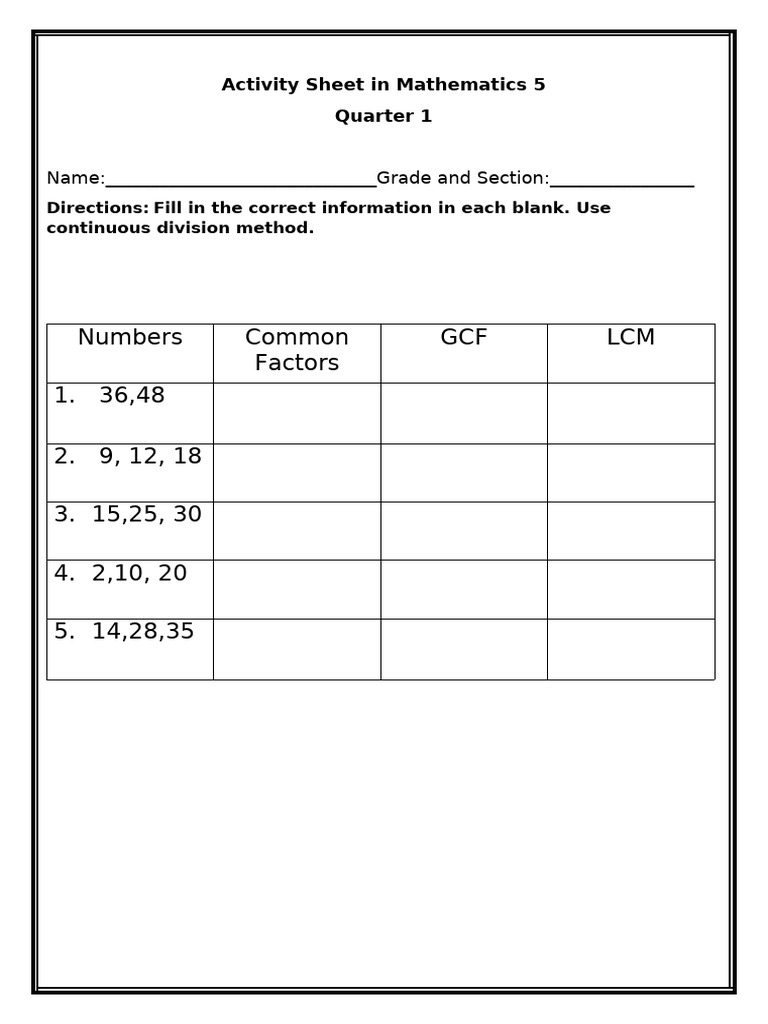 Activity Sheet in Mathematics 5 | PDF | Mathematics | Science