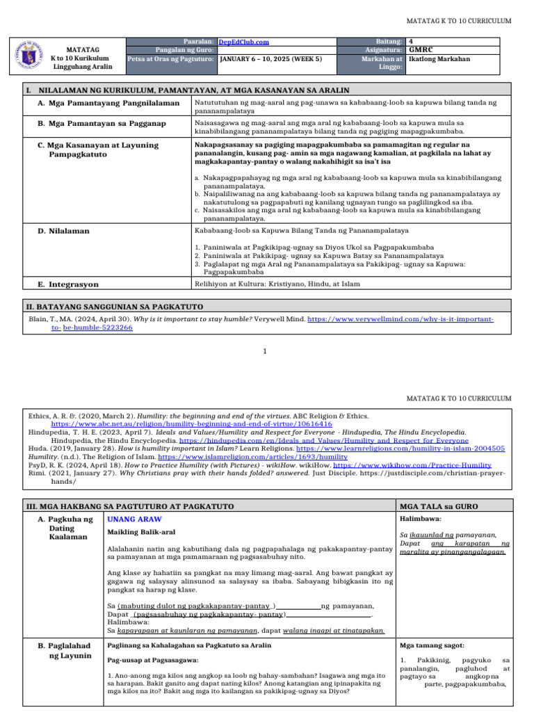 DLL Matatag - GMRC 4 Q3 W5 | PDF