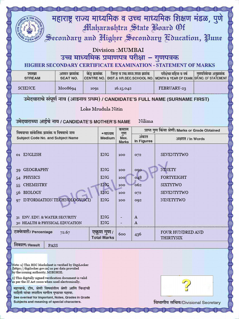 12TH MARKSHEET DIGI | PDF