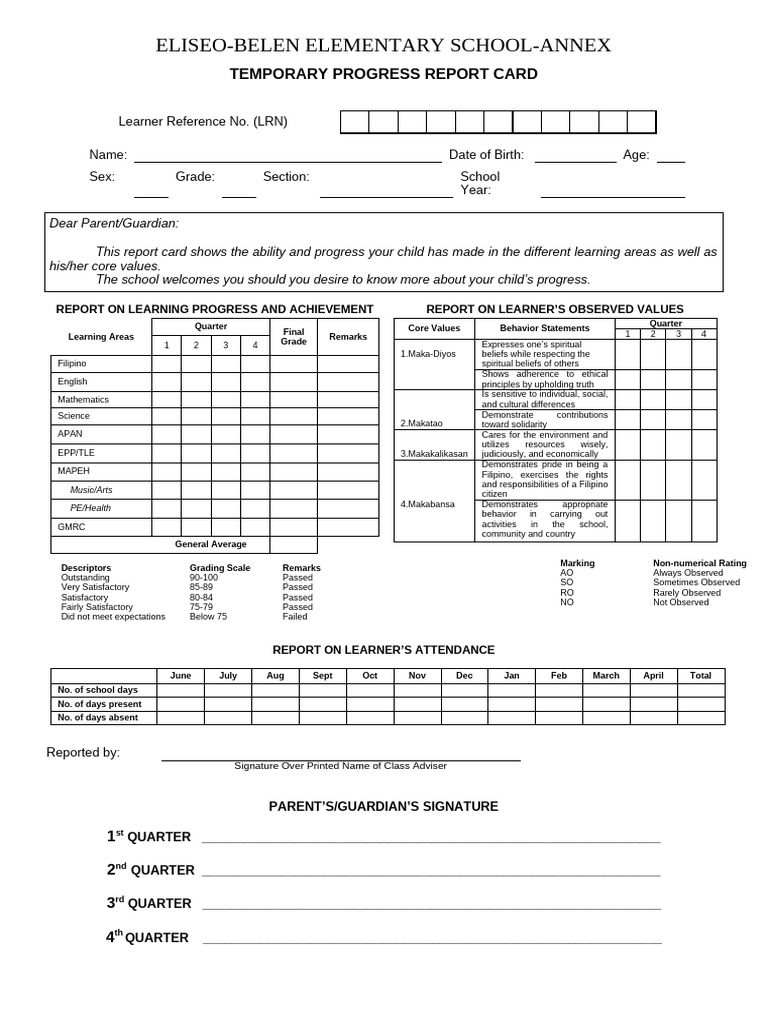 GRADE-4 TEMPORARY CARD | PDF | Learning | Psychological Concepts