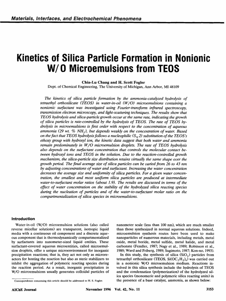 Kinetics of Silica Particle Formation in Nonionic W O Microemulsions ...