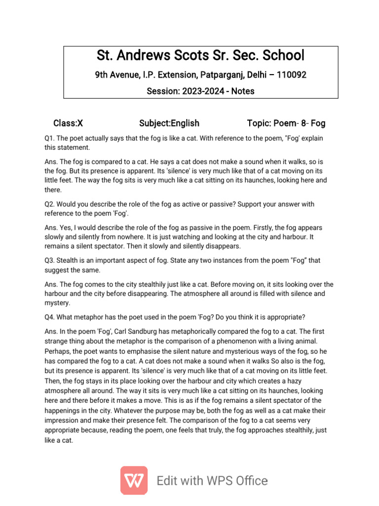 Analyzing the Poem "Fog" by Sandburg | PDF